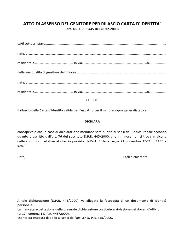 Atto Di Assenso Del Genitore Per Rilascio Carta Identit | PDF
