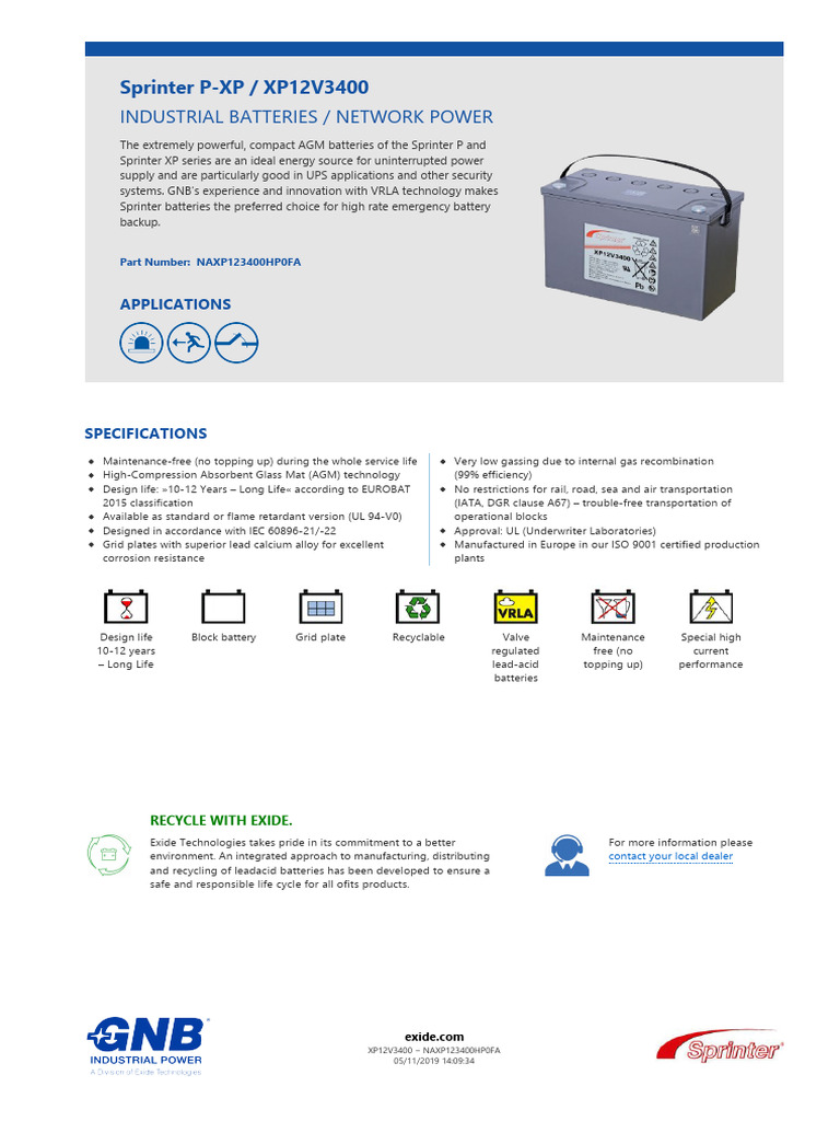 Data Sheet Battery XP12V3400 | PDF