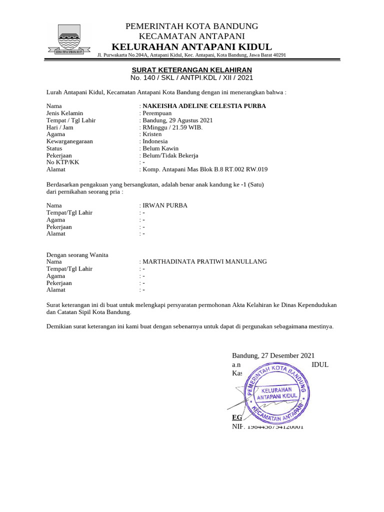 Surat Keterangan Lahir Antapani Kidul | PDF