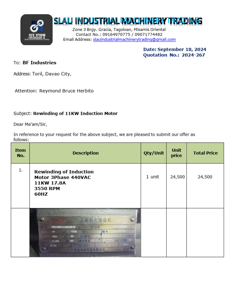 QUOTATIONS 2024 - 267 - BF Industries Inc. Rewinding of 11Kw Induction Motor | PDF