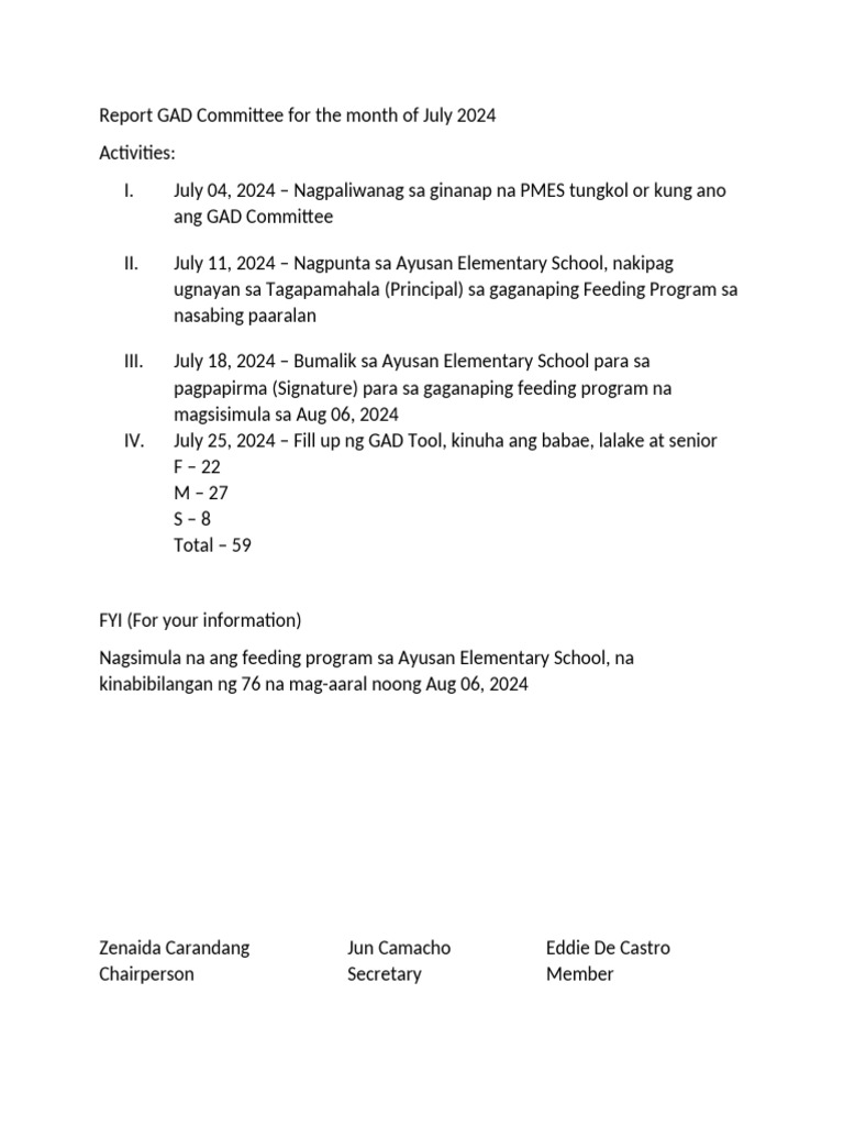 Report GAD Committee For The Month of July 2024 | PDF