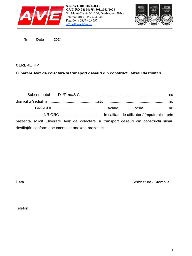 Model cerere aviz Salubritate AVE | PDF