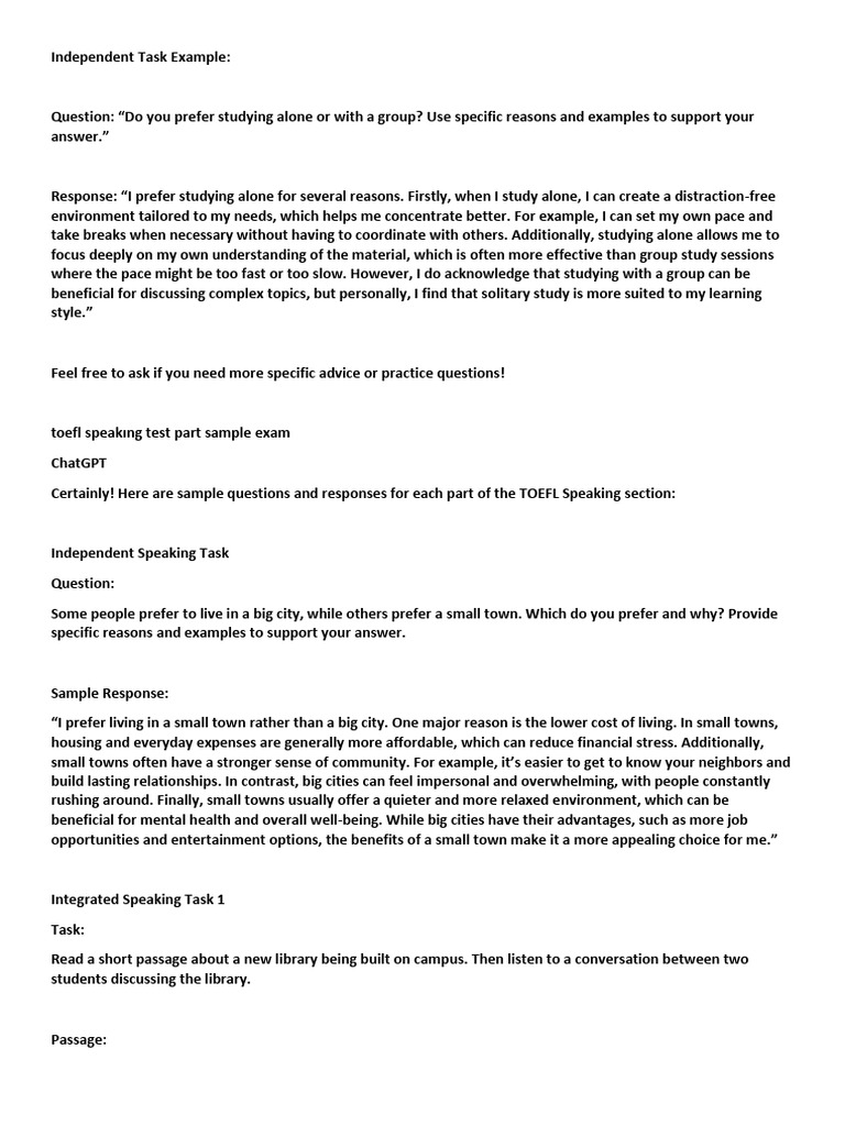 TOEFL Speaking Task Sample Responses | PDF | Cost Of Living | Habitat ...