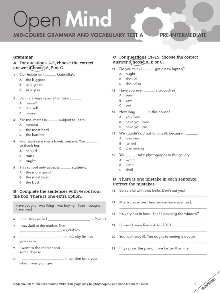 Pre-Intermediate Grammar & Vocabulary Test | PDF