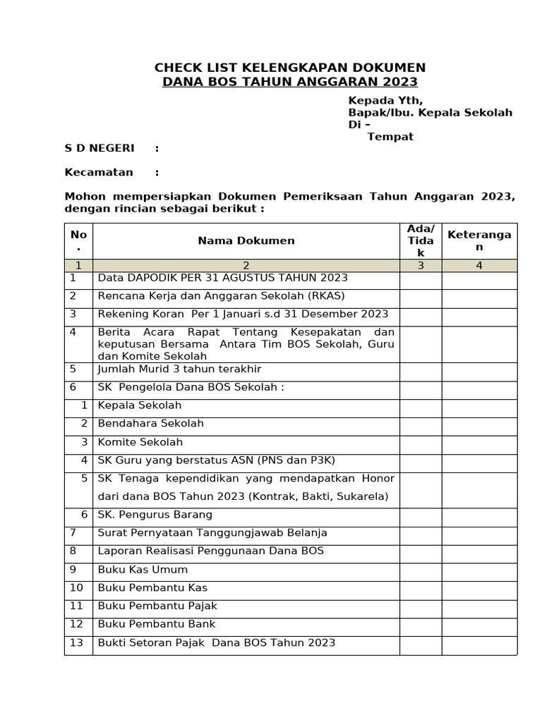 Check List Dokumen Kelengkapan Dana Bos Tahun 2023 | PDF