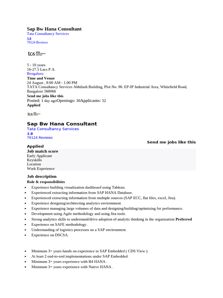Sap Bw Hana Consultant Role | PDF