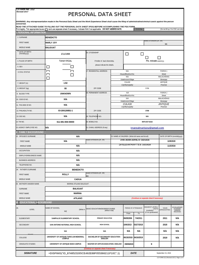 CS Form No. 212 Personal Data Sheet Revised | PDF | Identity Document ...
