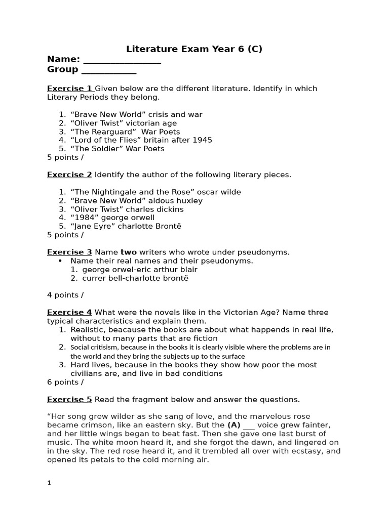 Literature Exam Year 6 (C) | PDF