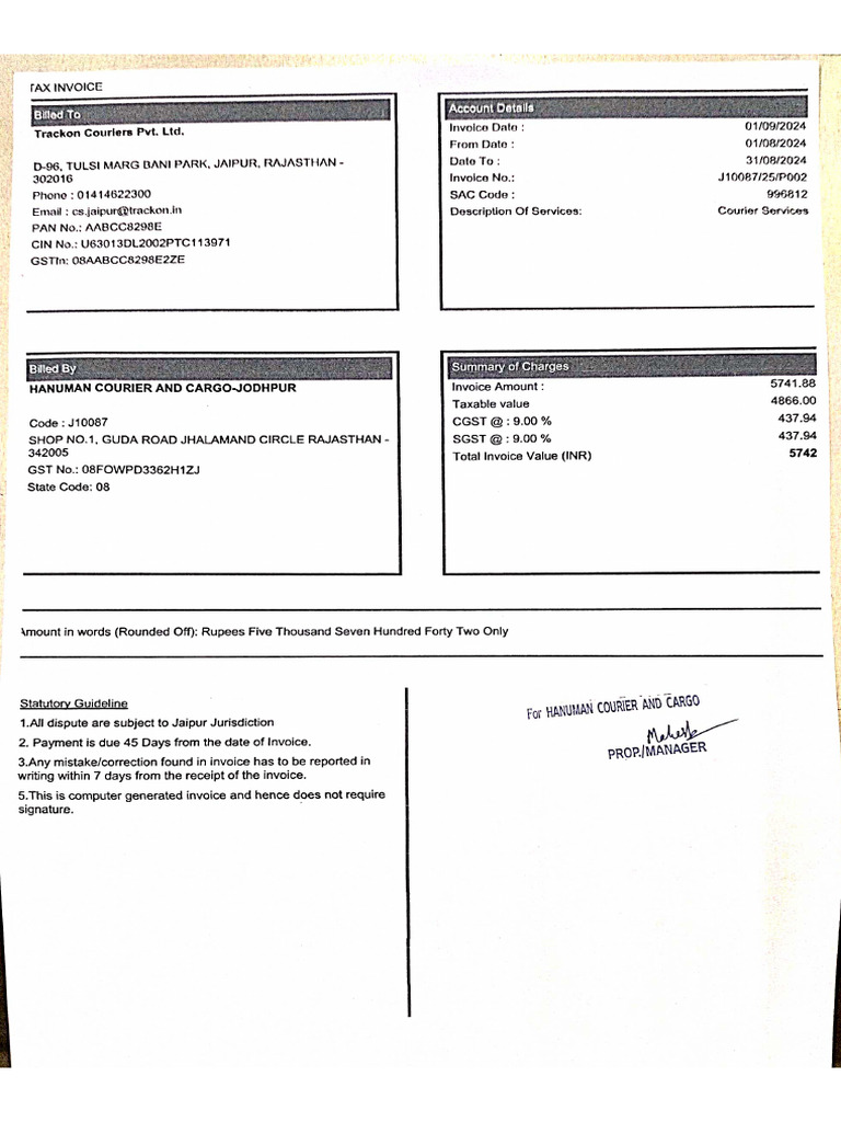 Delivery Bill August 2024 | PDF