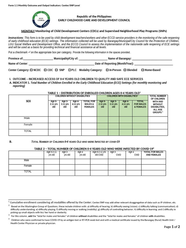 Monthly ECE Monitoring Form 1.1 | PDF | Human Development