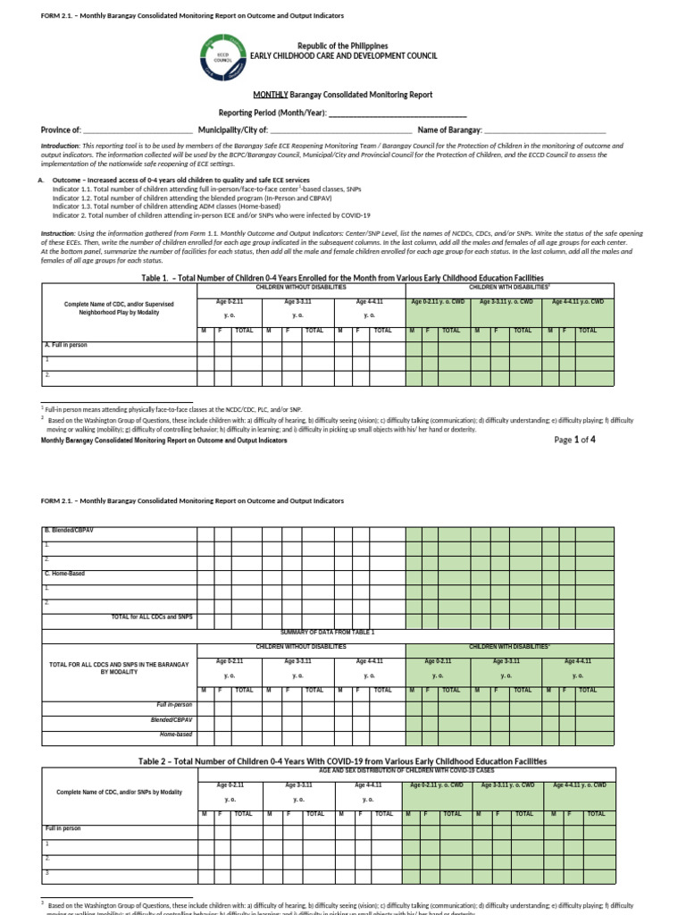 Monthly ECE Monitoring Report Form | PDF | Centers For Disease Control ...