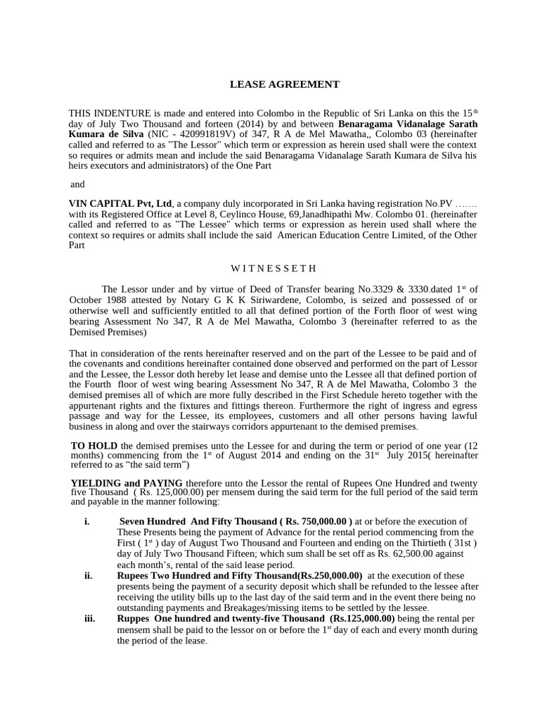 Draft Lease Agreement With Vin Capital | PDF
