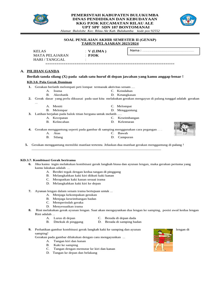 Soal Pjok Sem. 2 KLS.5 Tp. 2023-2024 | PDF