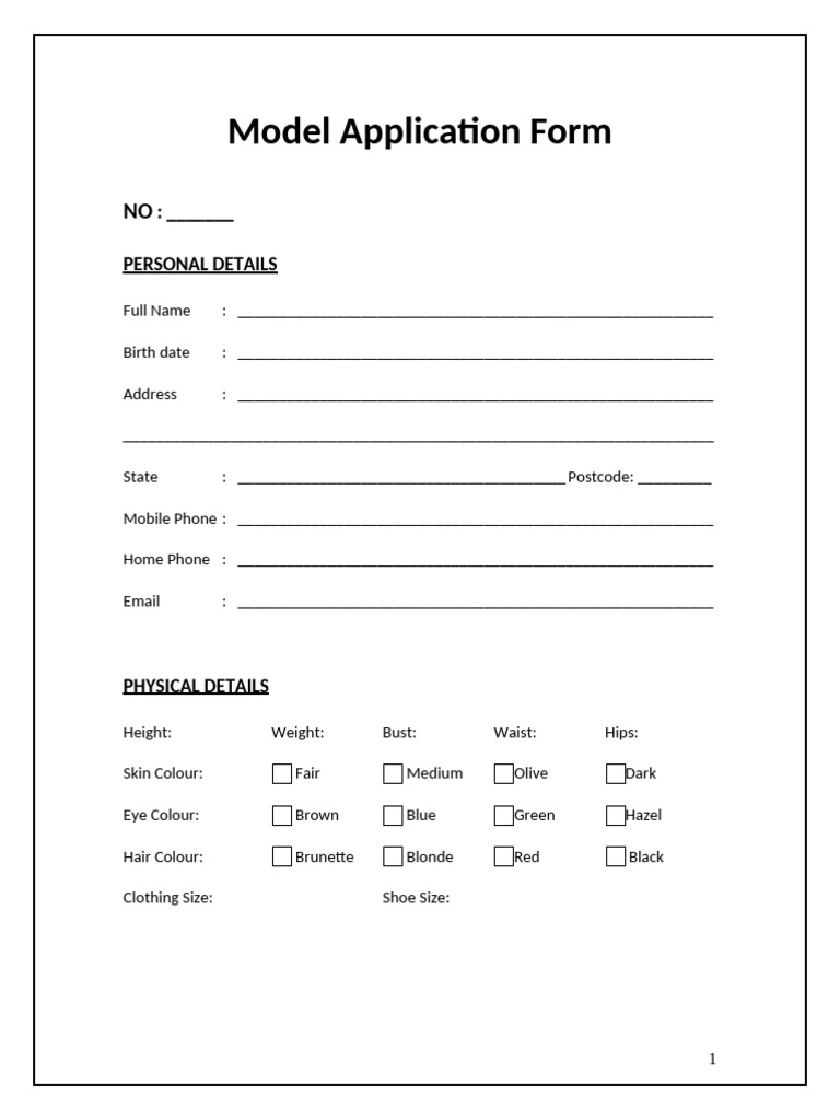 Model Application Form | PDF | Clothing | Career & Growth