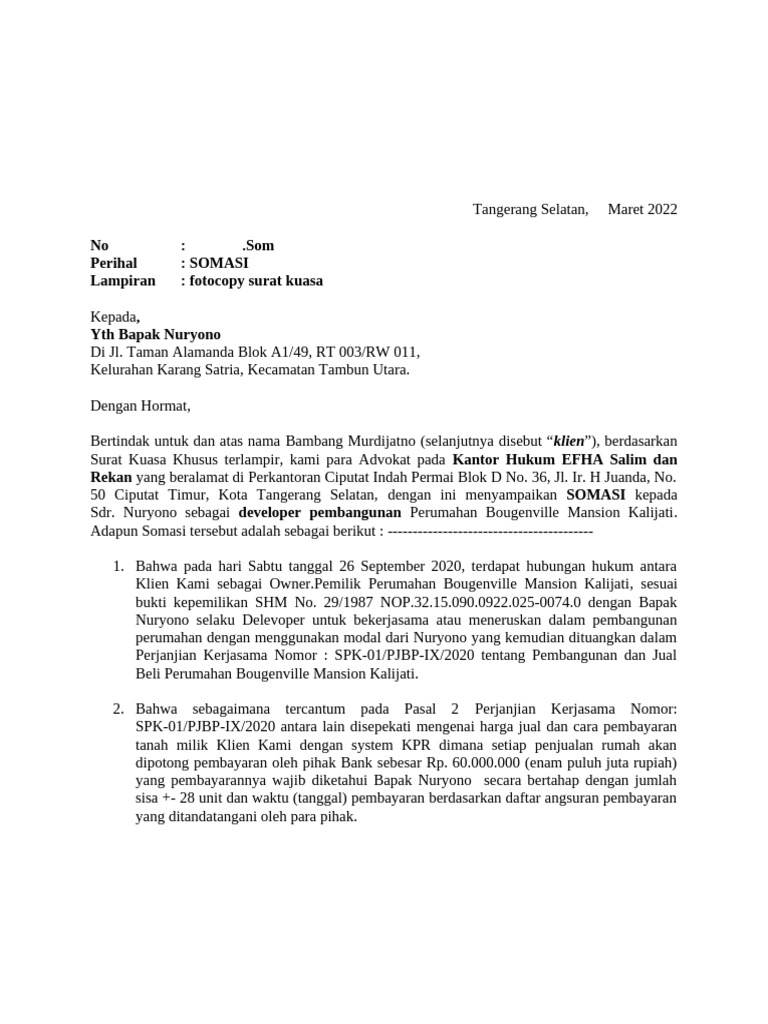 Somasi 1 Developer Pak Nuryono | PDF