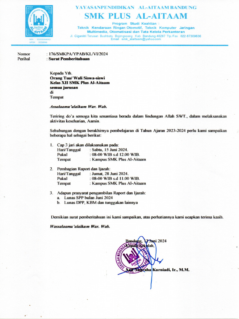 Surat Pemberitahuan Cap 3 Jari Dan Pembagian Raport Dan Ijazah | PDF