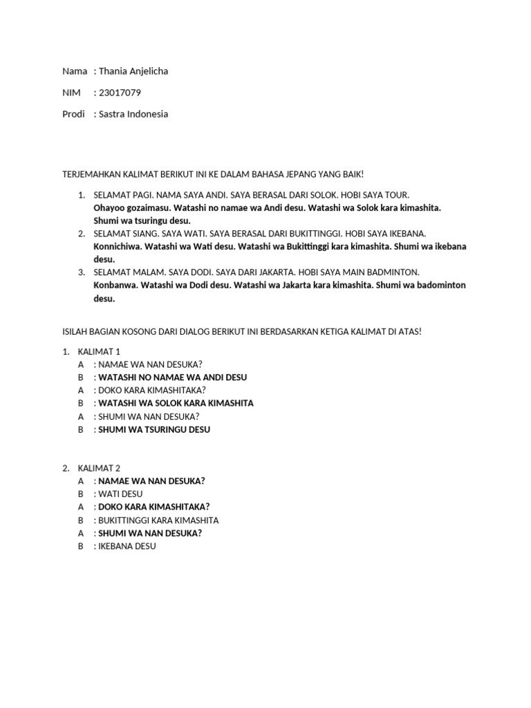 23017079, Thania Anjelicha, Tugas Pertemuan 4 Bahasa Jepang | PDF