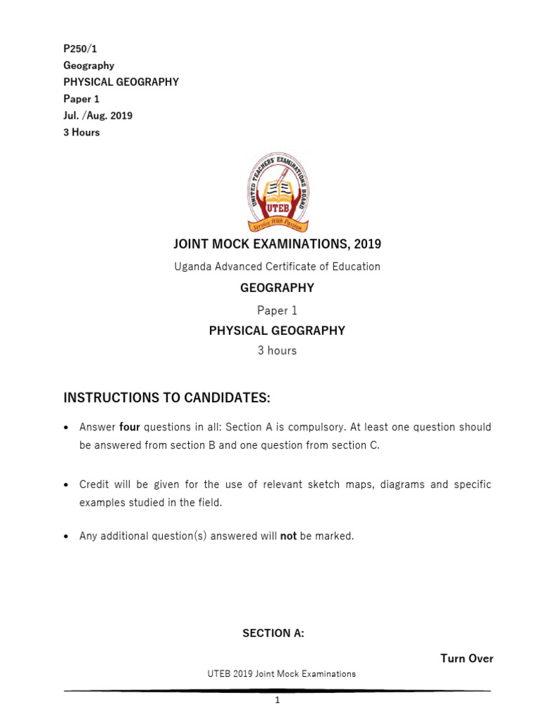 Geography p1 Uteb Joint Mock Examinations 2019 | PDF