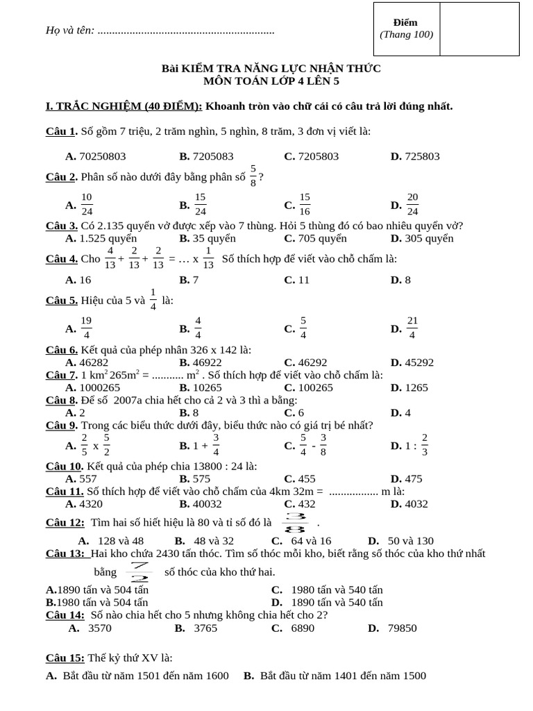 Bai Kiem Tra Nang Luc Lop 4 Len Lop 5 Mon Toan | PDF