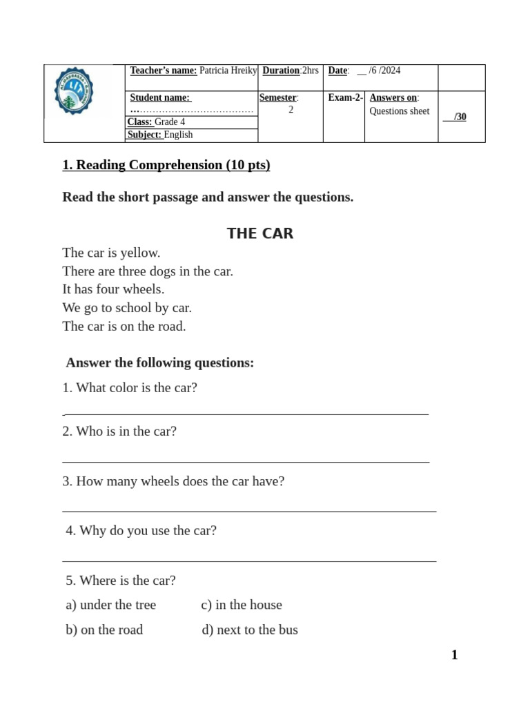 GRADE 4 - English Exam 2 (4 Students) | PDF
