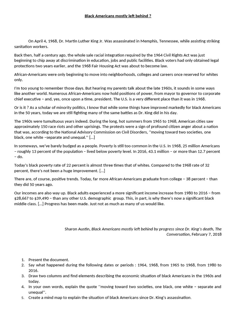 Black Americans Mostly Left Behind DOC and WORKSHEET | PDF