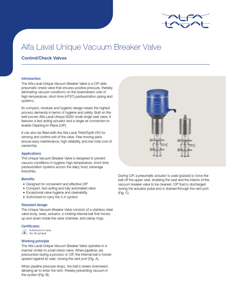 Alfa Laval Unique Vacuum Breaker Valve Product Leaflet | PDF