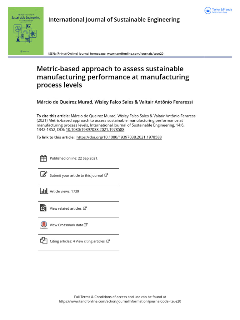 Metric-Based Approach To Assess Sustainable Manufacturing Performance at Manufacturing Process ...