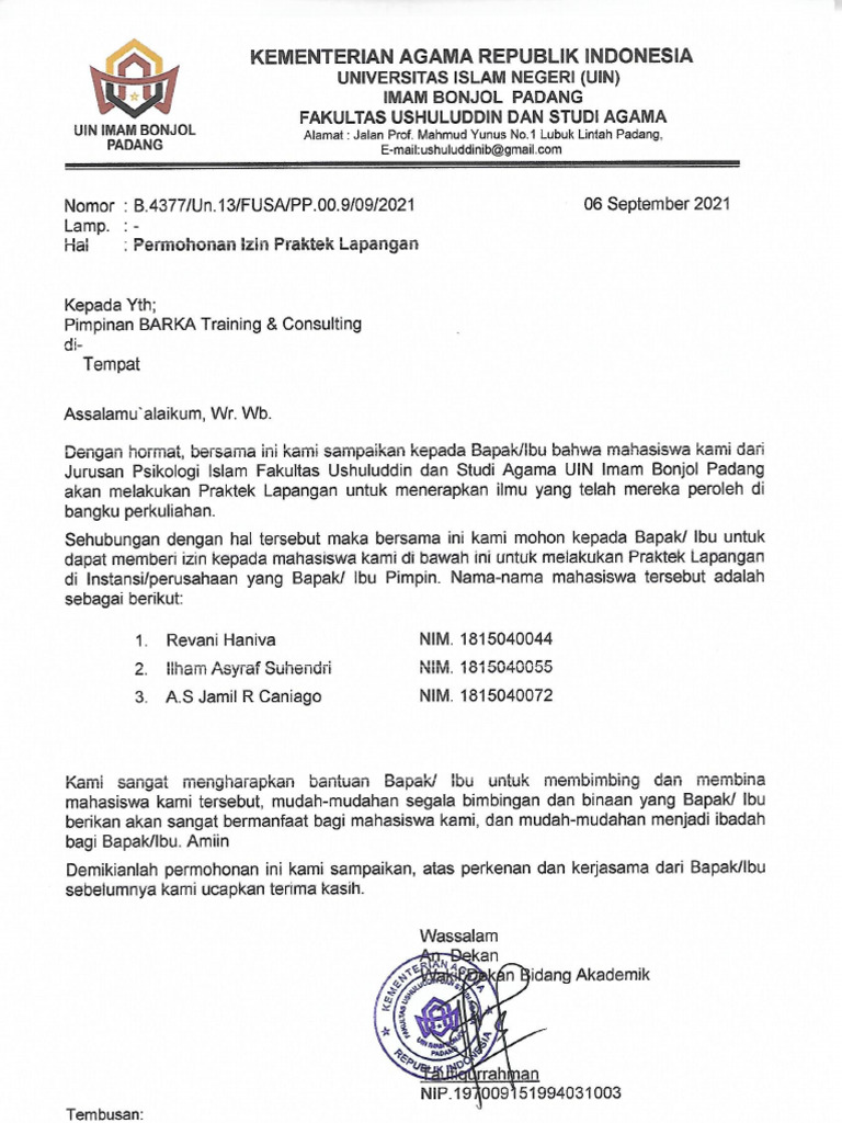 Surat PL Revani Haniva, DKK | PDF