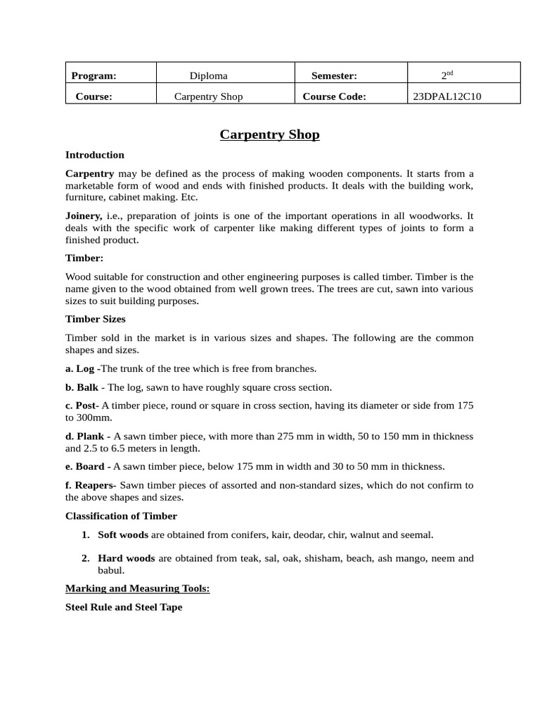 Carpentry Shop | PDF
