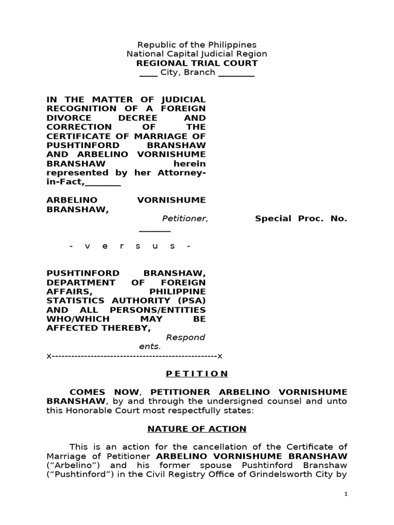 Petition For Recognition of Foreign Divorce (JPN - Pushtinsworth) | PDF ...