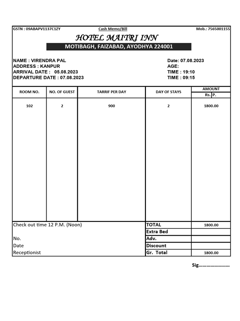 Kanpur Hotel Bill Format Sample | PDF