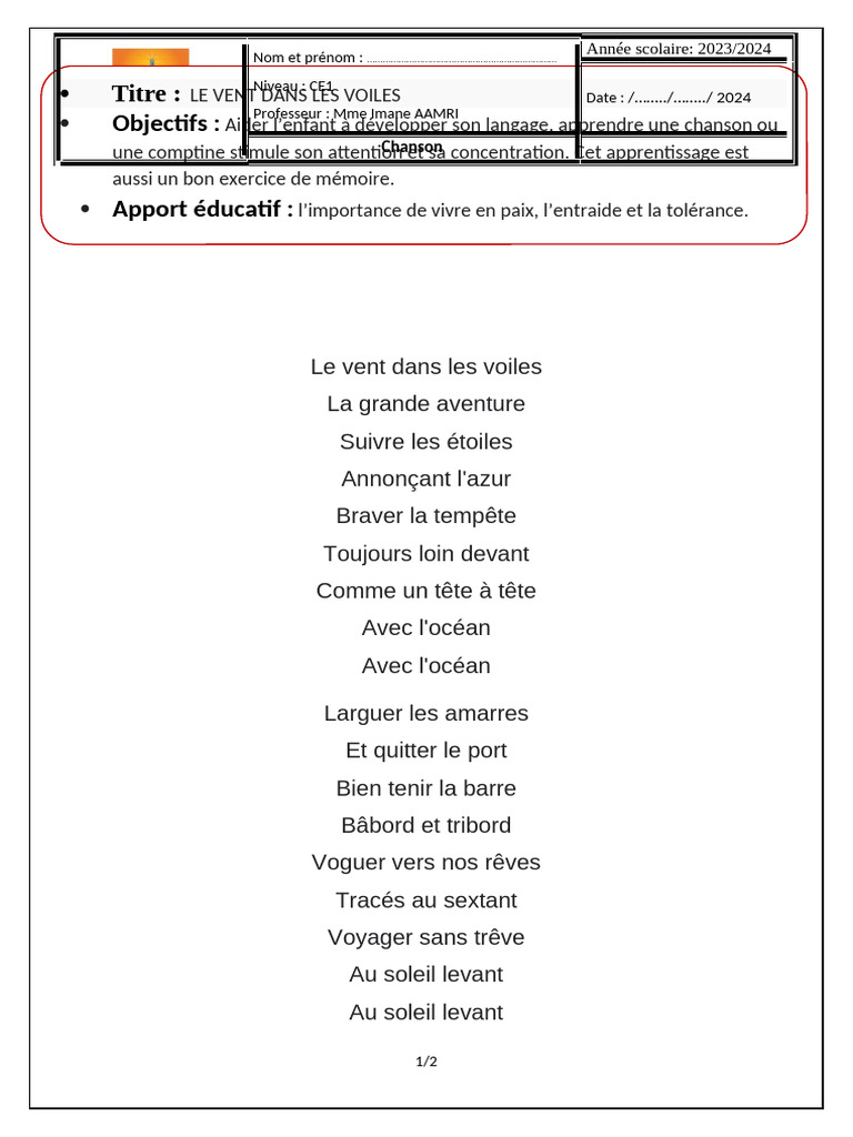Chanson Le Vent Dans Les Voiles | PDF