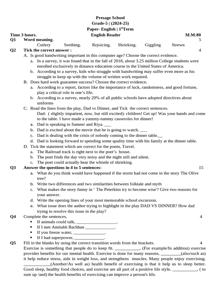 Gr5 English Term 1 (2024-25) 1 | PDF