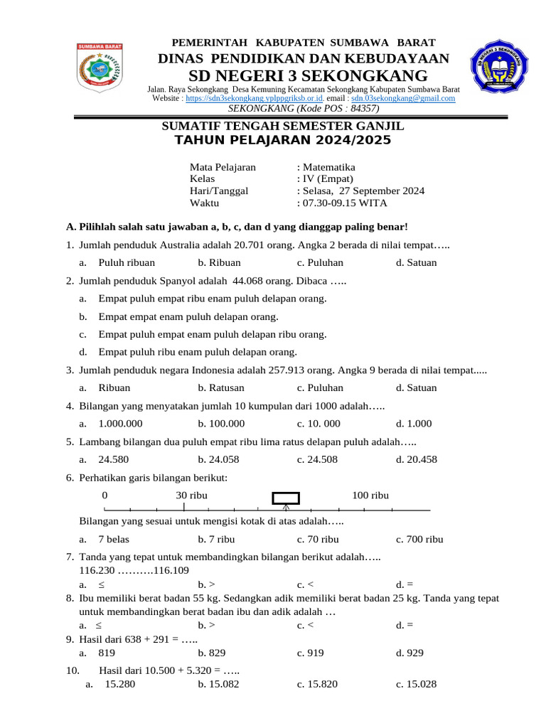 SOAL PTS MATEMATIKA KELAS IV SDN 3 SEKONGKANG | PDF