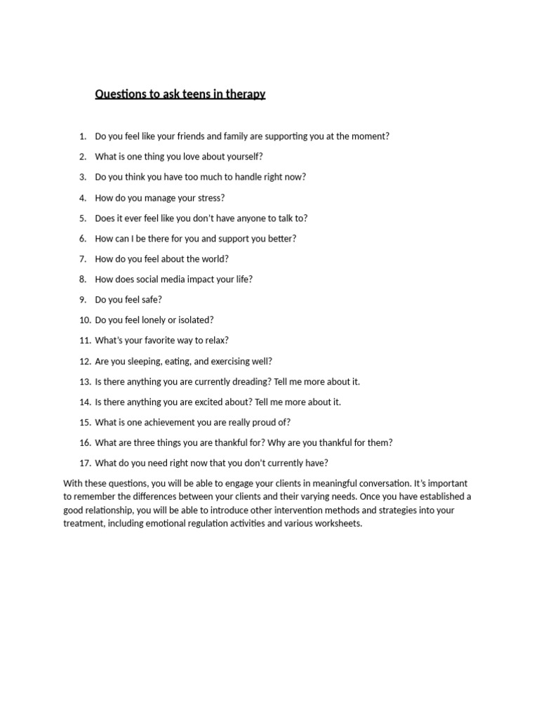 Questions to ask teens in therapy | PDF