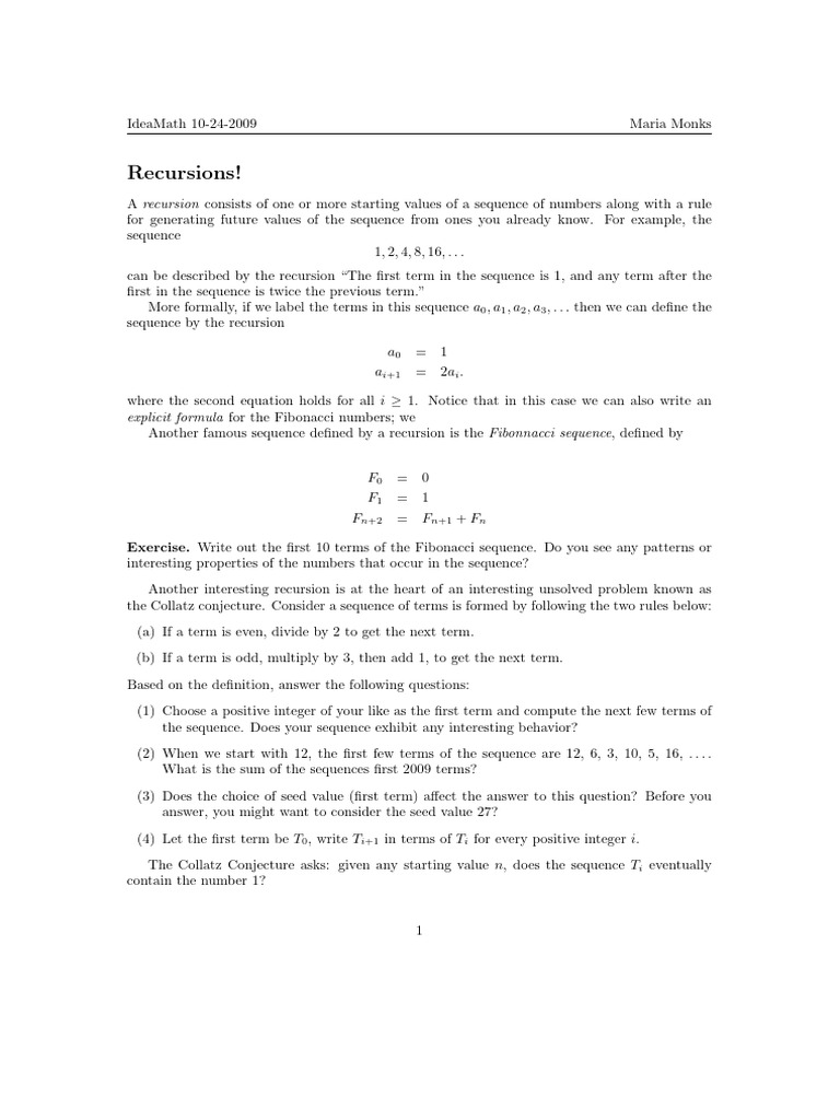 Recursions - Maria Monks - IdeaMath 2009 | PDF