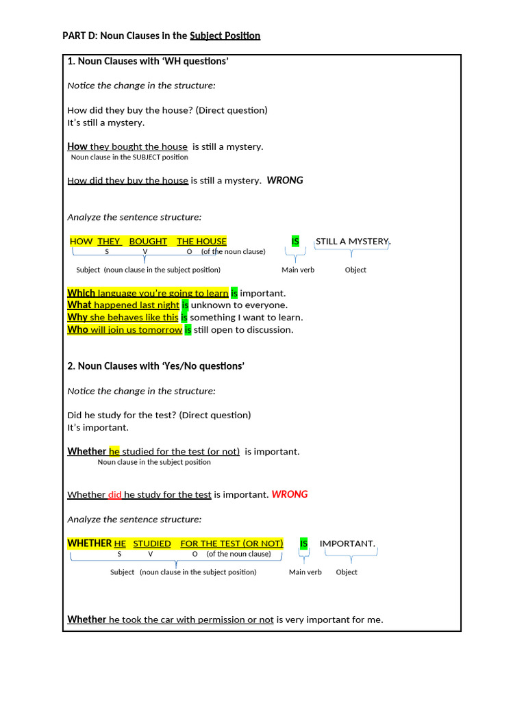 Noun Clauses in Subject Position | PDF