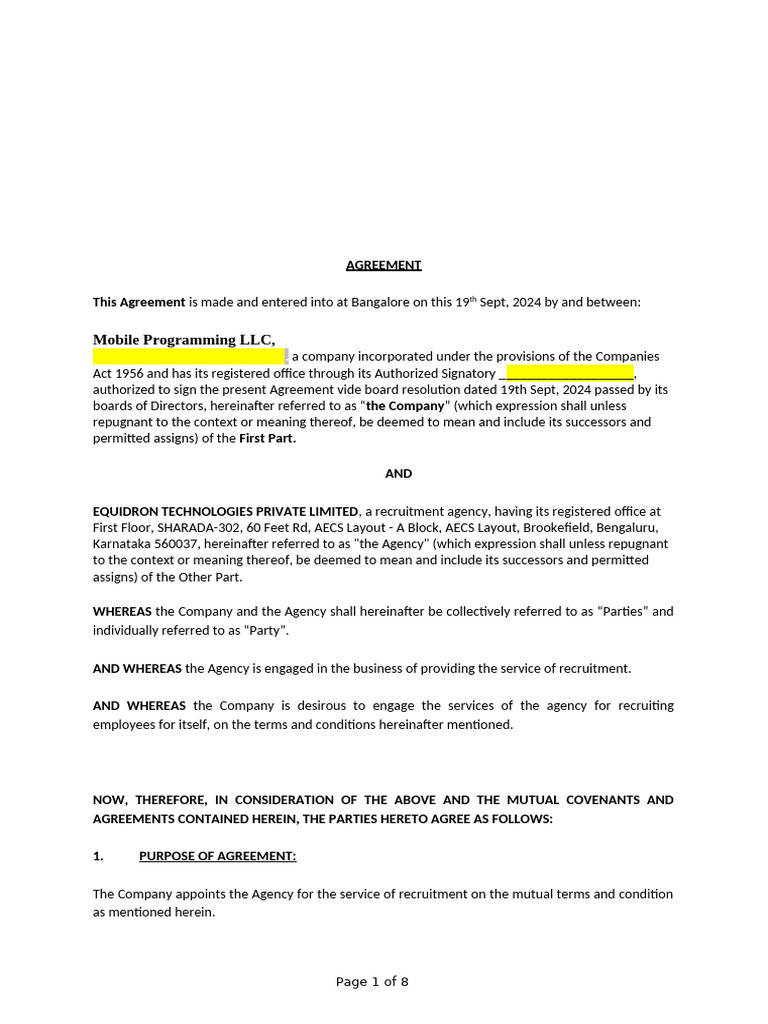 Draft - Agreement - Perm Staffing - SAMPLE (1) | PDF