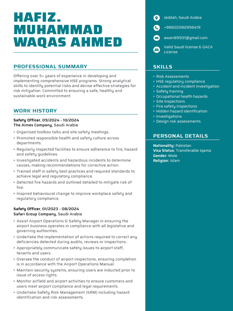 Hafiz Muhammad Waqas Ahmed HSE | PDF | Occupational Safety And Health | Risk