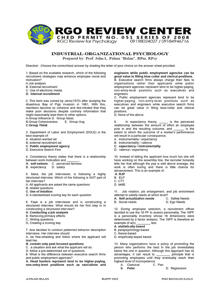Answer Key Industrial Psychology 2024 | PDF