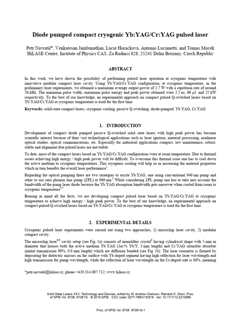 Diode Pumped Compact Cryogenic Yb-YAG Cr-YAG Pulsed Laser | PDF