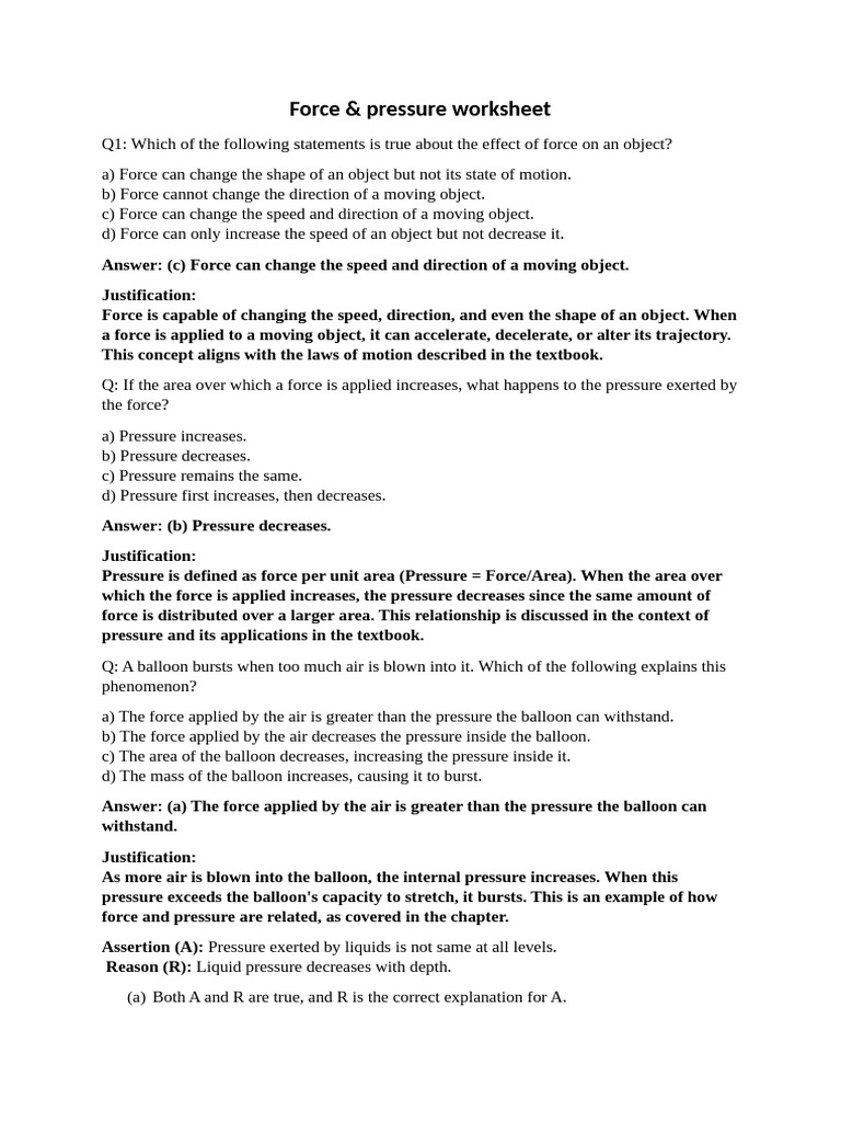 Force & pressure WOrksheet_ MCQ with justification | PDF