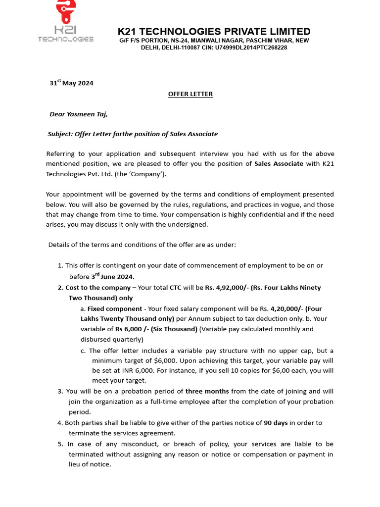 Offer Letter - Yasmeen Taj | PDF