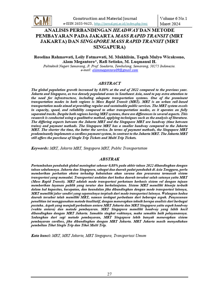 Analisis Perbandingan Headway Dan Metode Pembayaran Pada Jakarta Mass Rapid Transit (MRT Jakarta ...