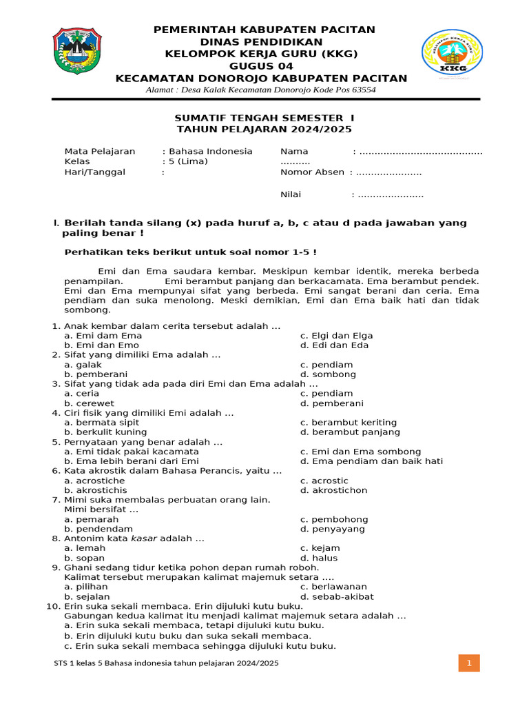 Soal PTS-STS Bahasa Indonesia Kelas 5 Semester 1 T.P 2024-2025 | PDF