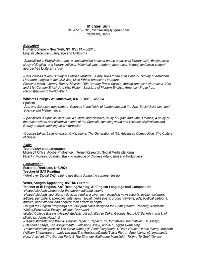 Michael Suh Experiential CV August 2024 | PDF