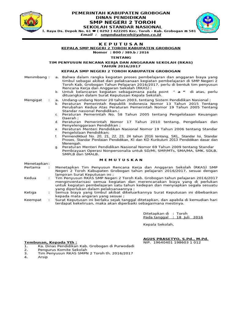 Contoh SK RKAS TAHUN 2018 2019 | PDF