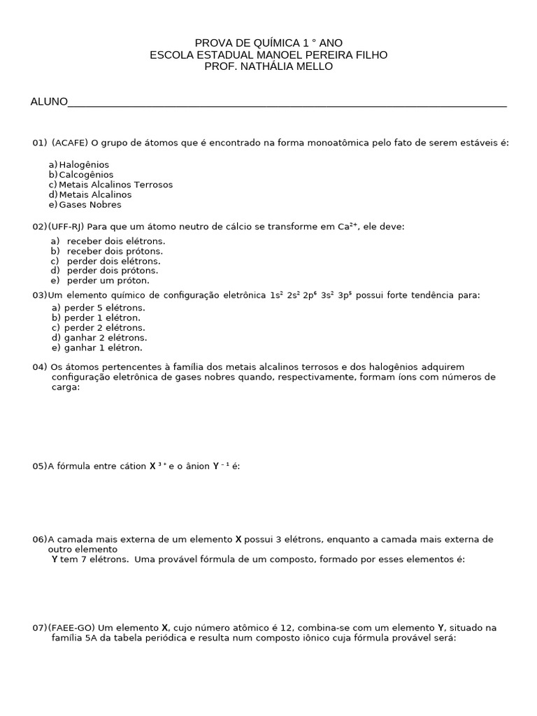 Prova Quimica 1 Ano. | PDF