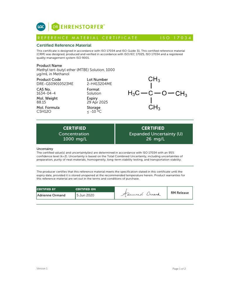 Methyl Tert-Butyl Ether (MTBE) 1000 GML in MethanoL | PDF