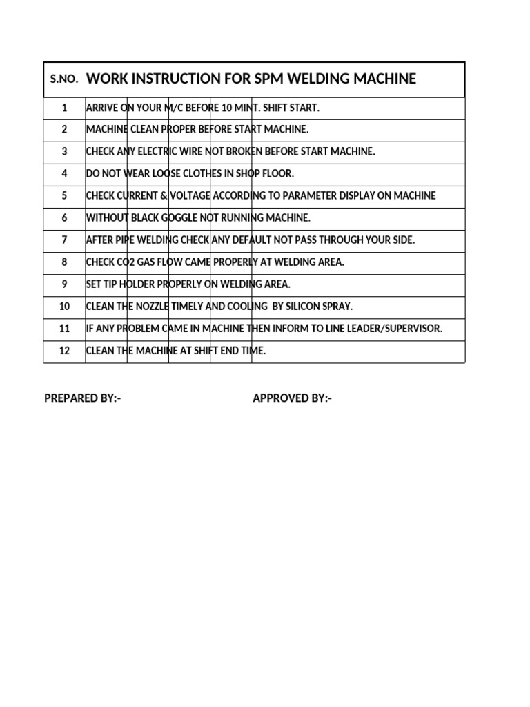 Work Instruction For SPM Welding Machine | PDF